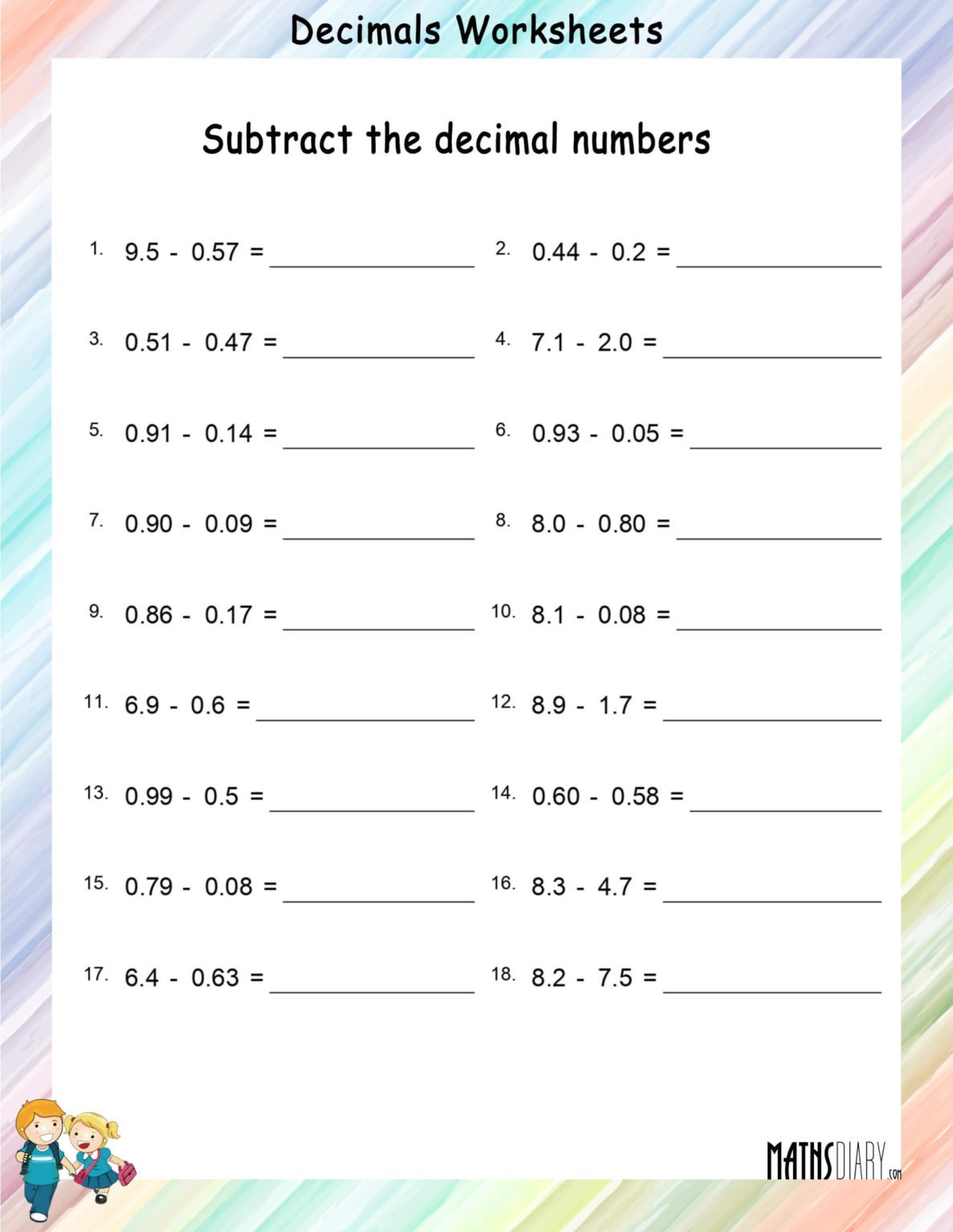 Subtraction of Decimal numbers - Math Worksheets - MathsDiary.com