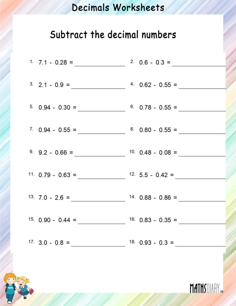 Subtraction of Decimal numbers - Math Worksheets - MathsDiary.com
