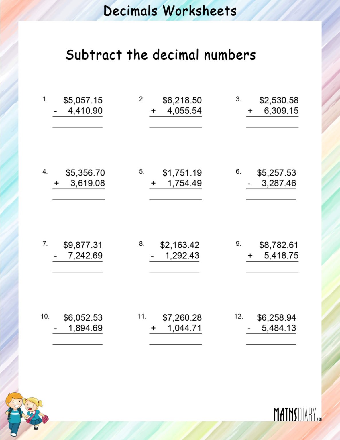 Subtraction of Decimal Numbers in Columns - Math Worksheets ...