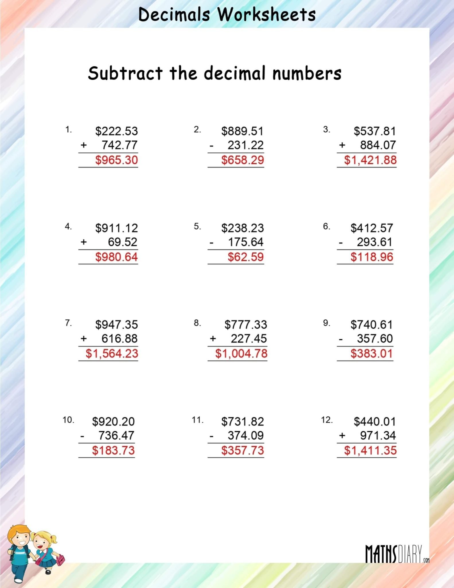 Subtraction of Decimal Numbers in Columns - Math Worksheets ...