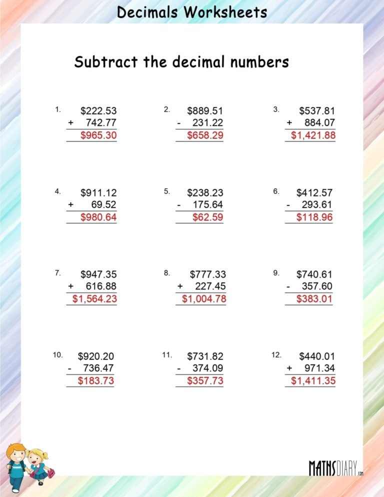 Subtraction of Decimal Numbers in Columns - Math Worksheets ...