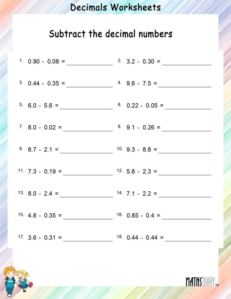 Subtraction of Decimal numbers - Math Worksheets - MathsDiary.com