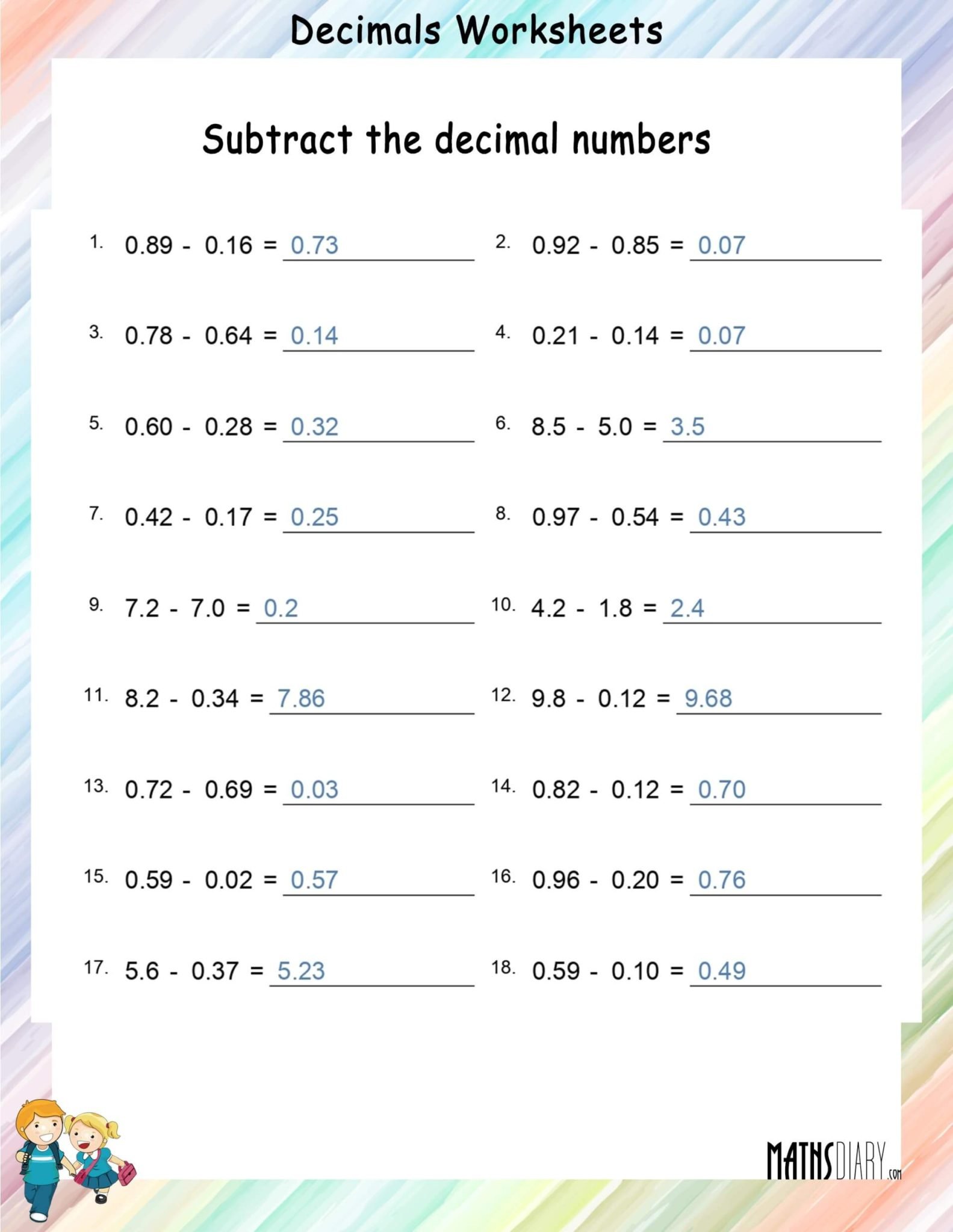 Subtraction of Decimal numbers - Math Worksheets - MathsDiary.com