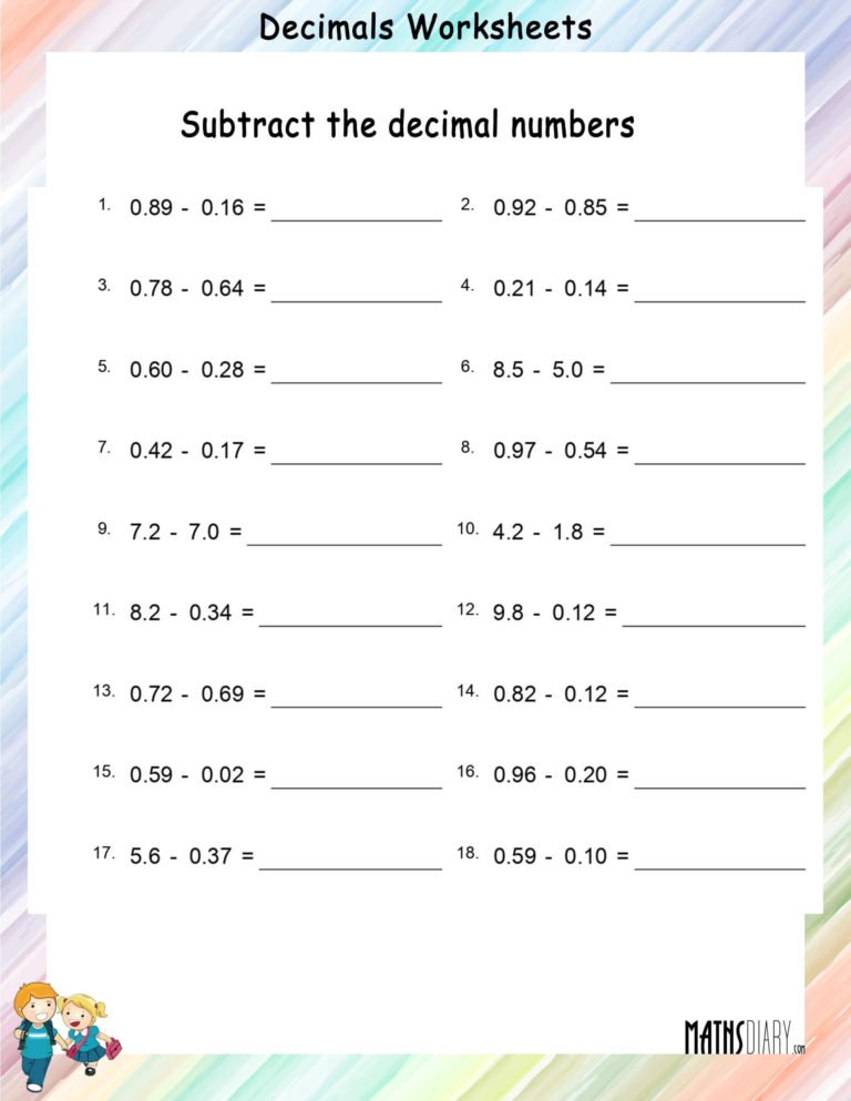 Subtraction of Decimal numbers - Math Worksheets - MathsDiary.com