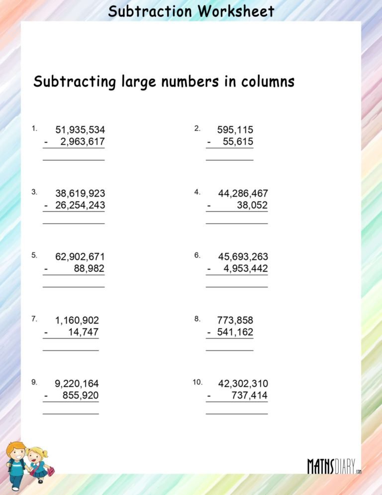 Subtracting Large Numbers - Math Worksheets - MathsDiary.com
