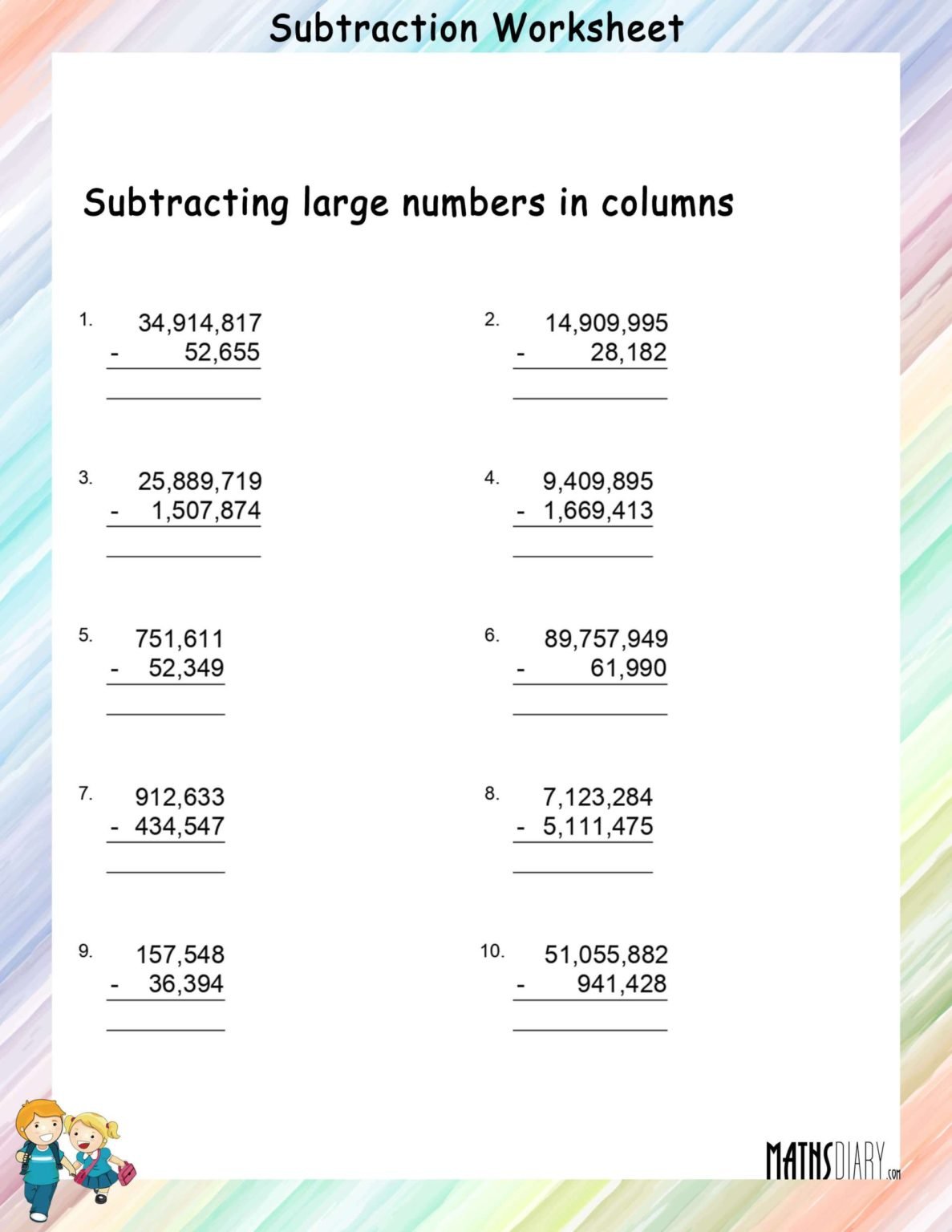 Subtracting Large Numbers - Math Worksheets - MathsDiary.com