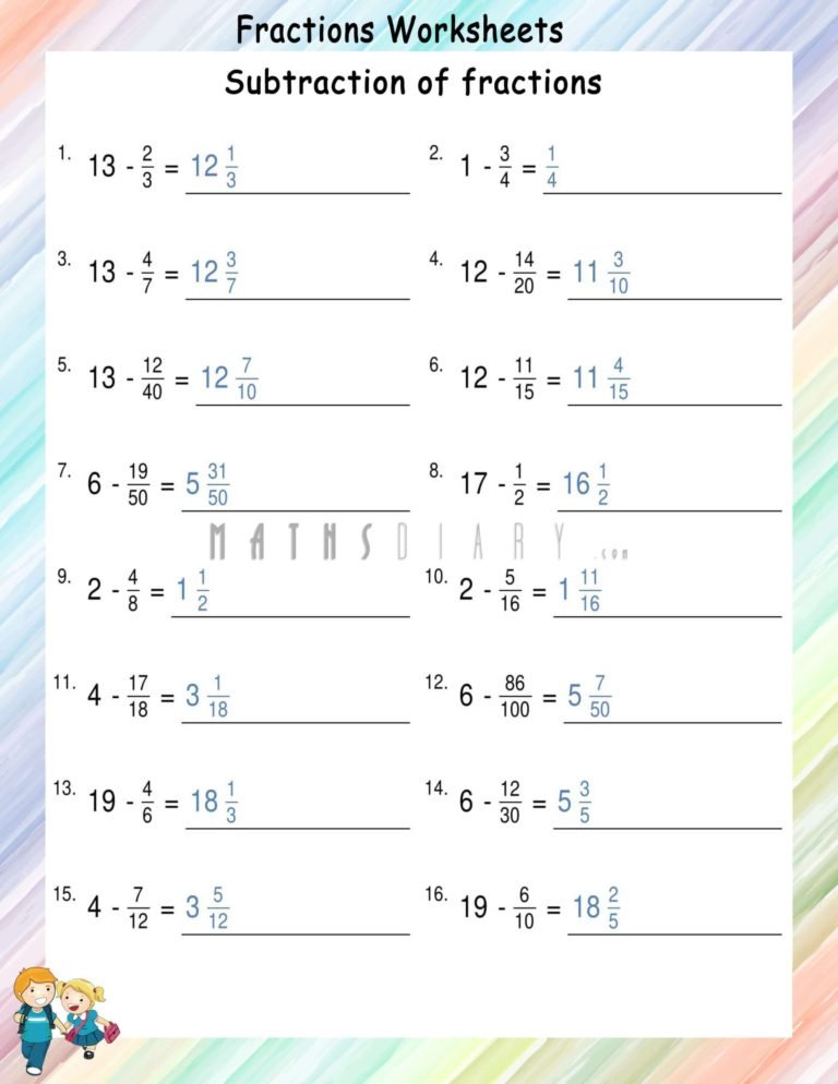Subtracting fractions from whole numbers - Math Worksheets - MathsDiary.com