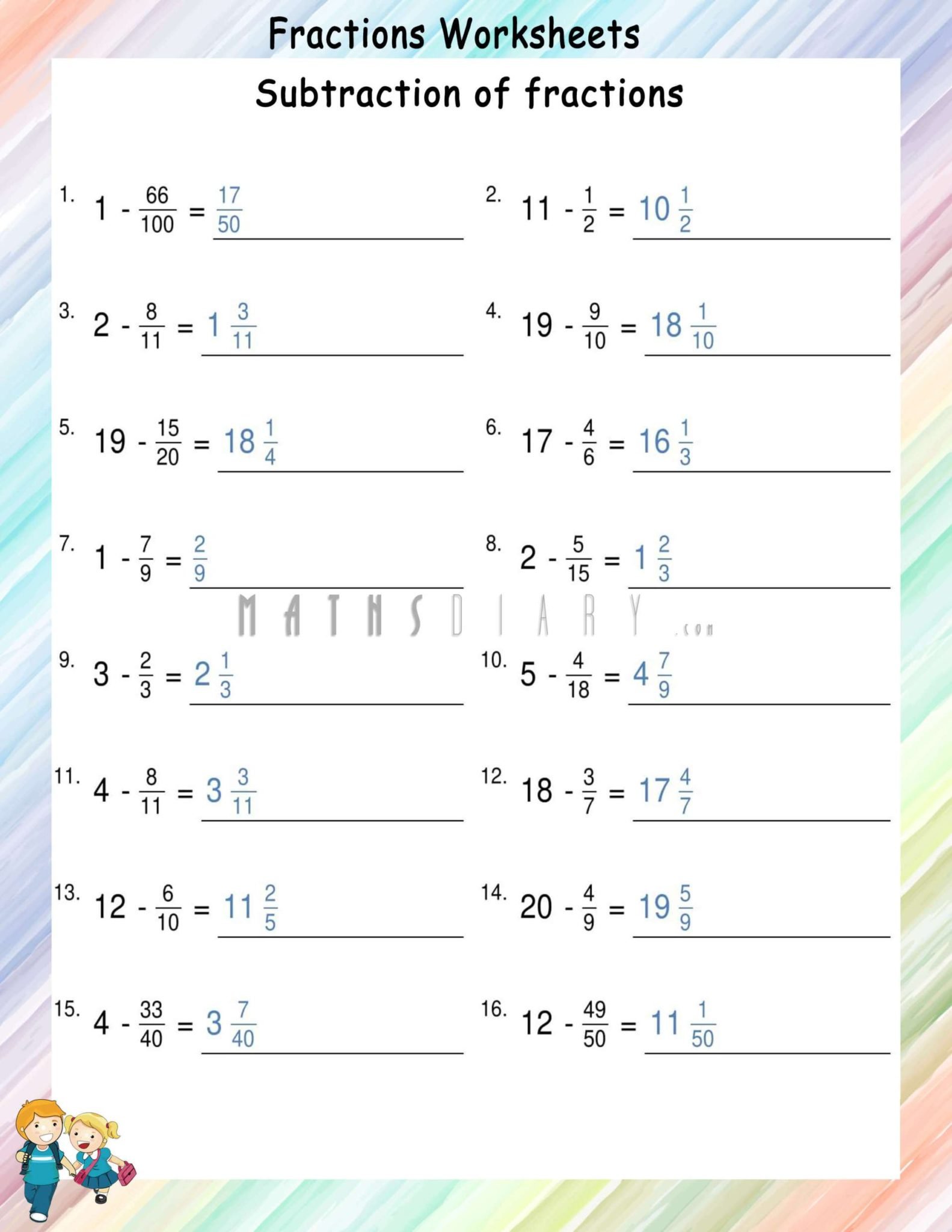 Subtracting fractions from whole numbers - Math Worksheets - MathsDiary.com