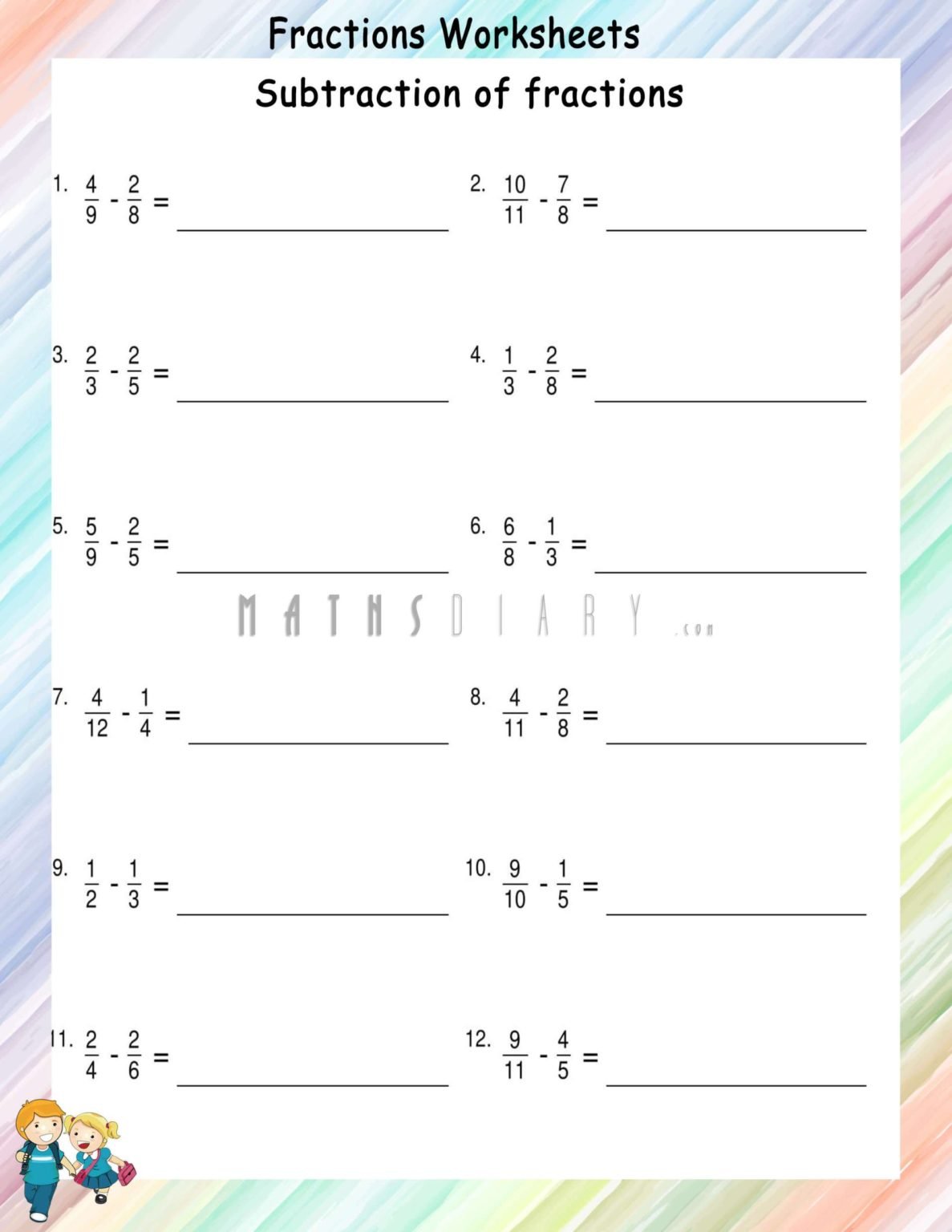 Subtracting unlike fractions worksheets - Math Worksheets - MathsDiary.com