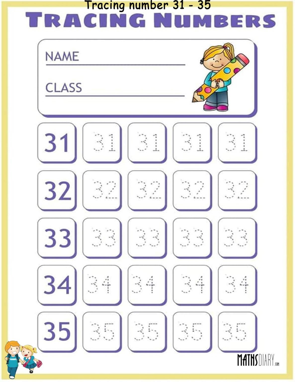 Tracing Numbers 1-50 - Math Worksheets - MathsDiary.com