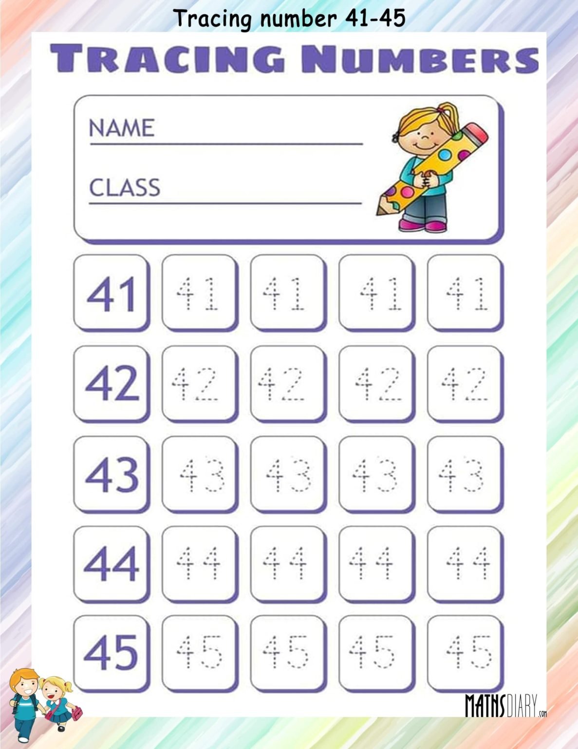 Tracing Numbers 1-50 - Math Worksheets - MathsDiary.com