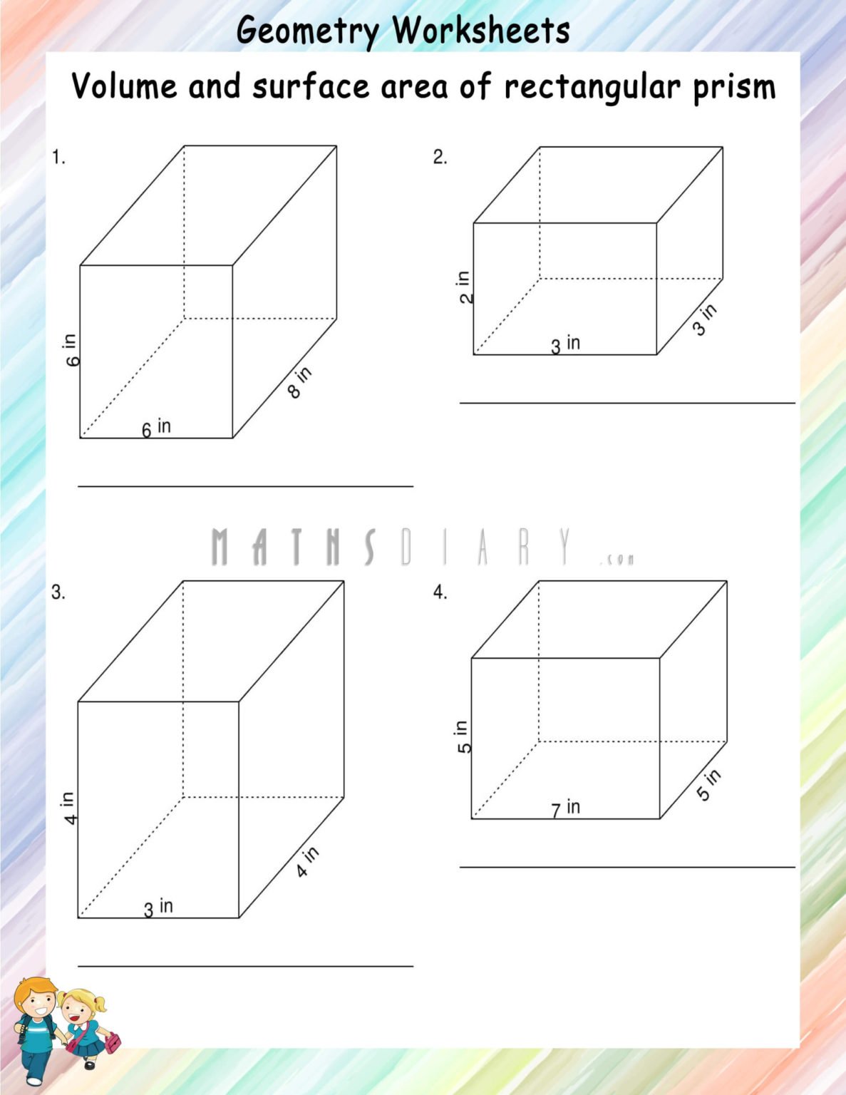 Volume and surface area of rectangular prisms - Math Worksheets ...
