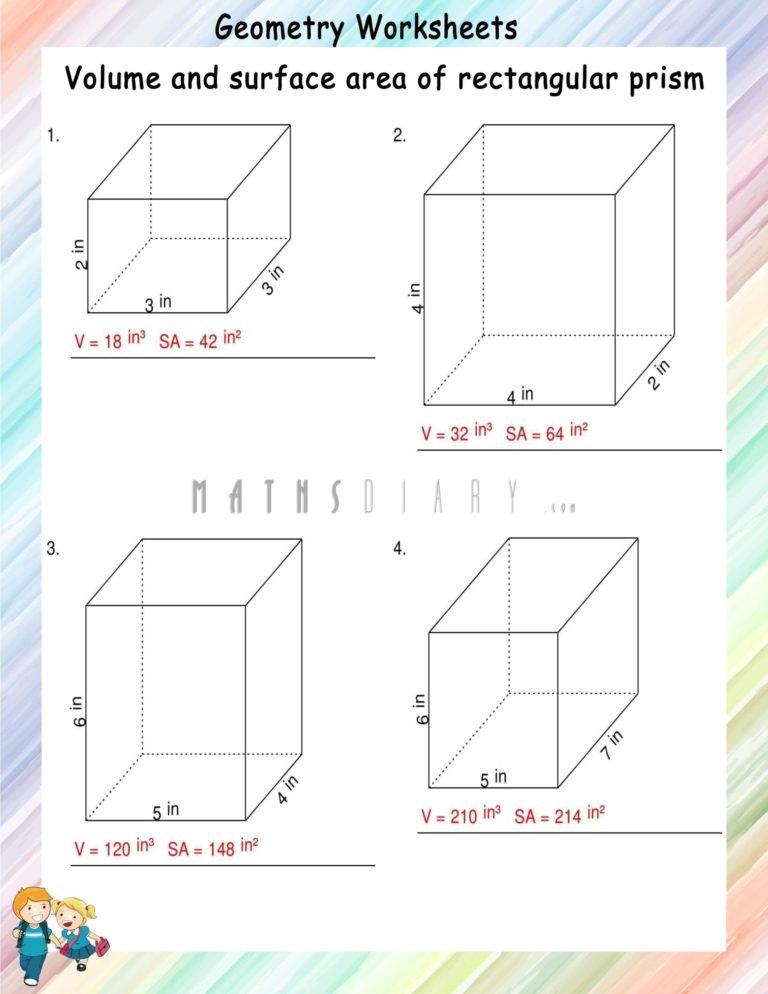 Volume and surface area of rectangular prisms - Math Worksheets ...