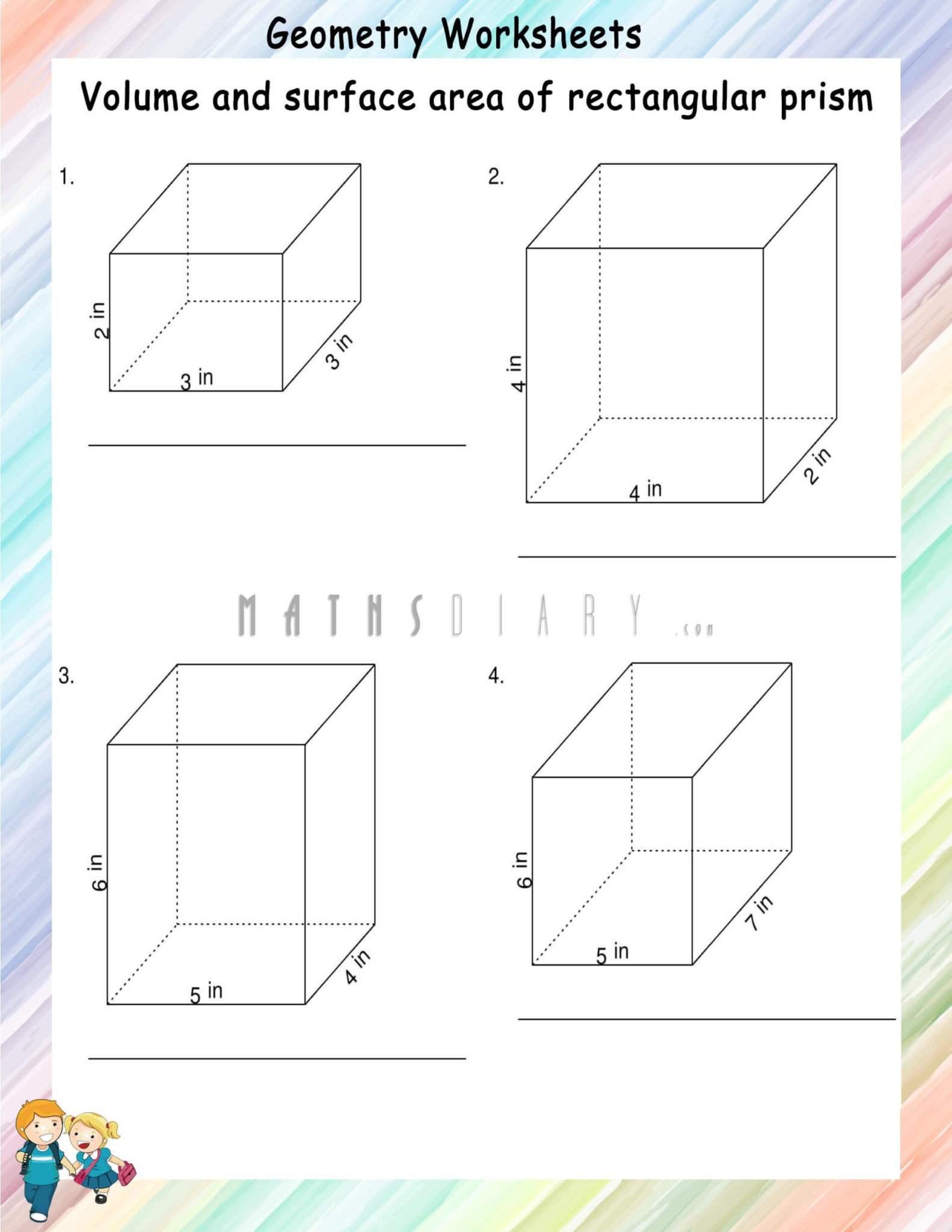 Volume and surface area of rectangular prisms - Math Worksheets ...