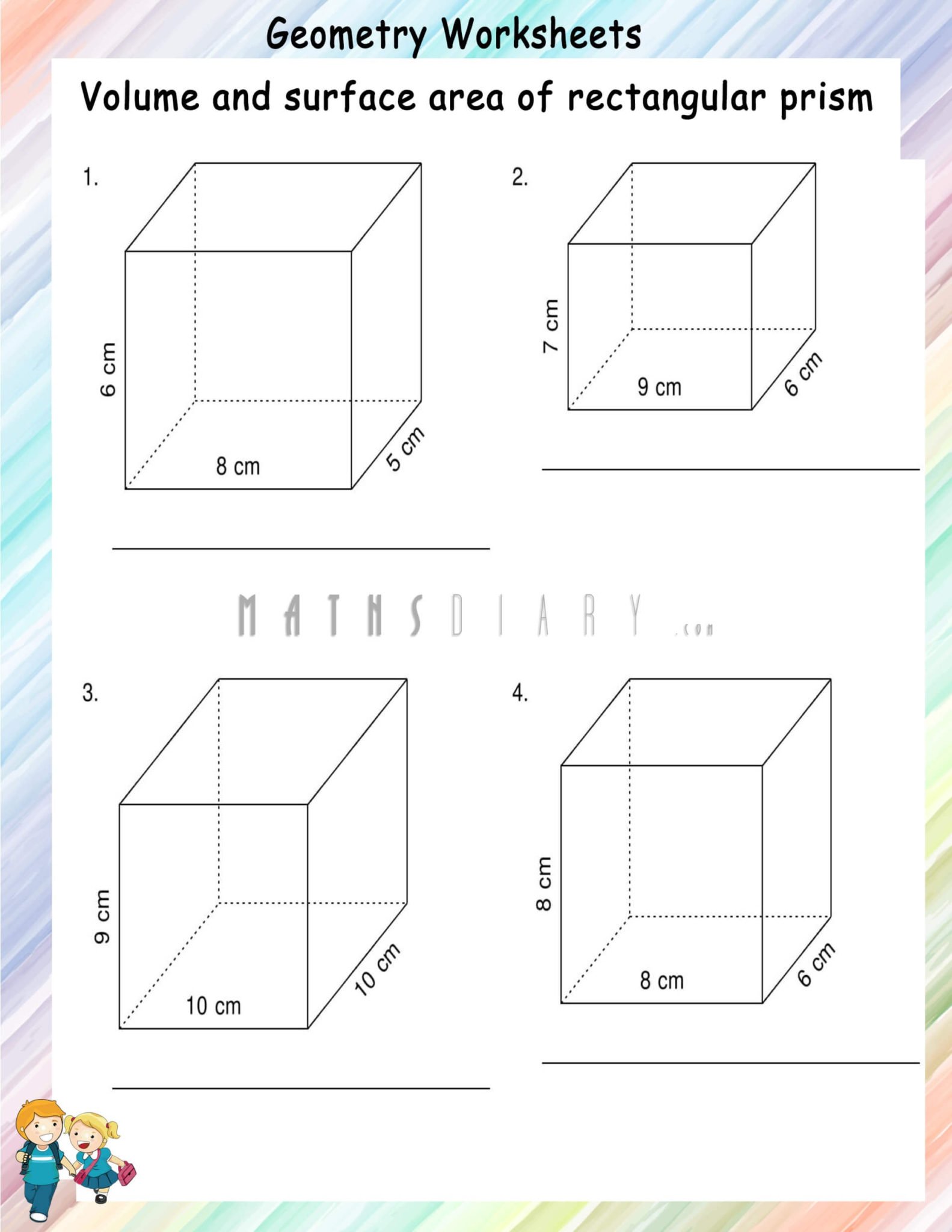 Volume and surface area of rectangular prisms - Math Worksheets ...