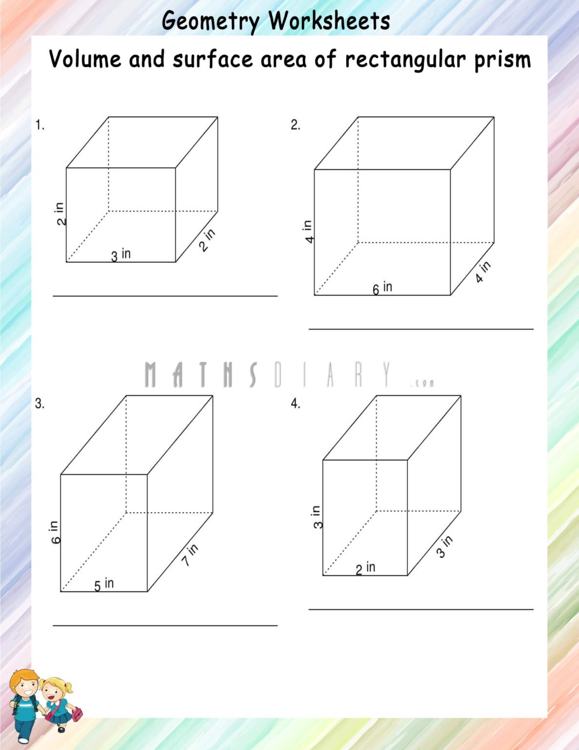 Volume and surface area of rectangular prisms - Math Worksheets ...