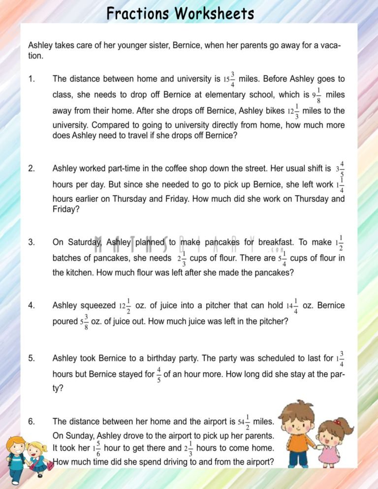 Word Problems of fractions worksheets - Math Worksheets - MathsDiary.com