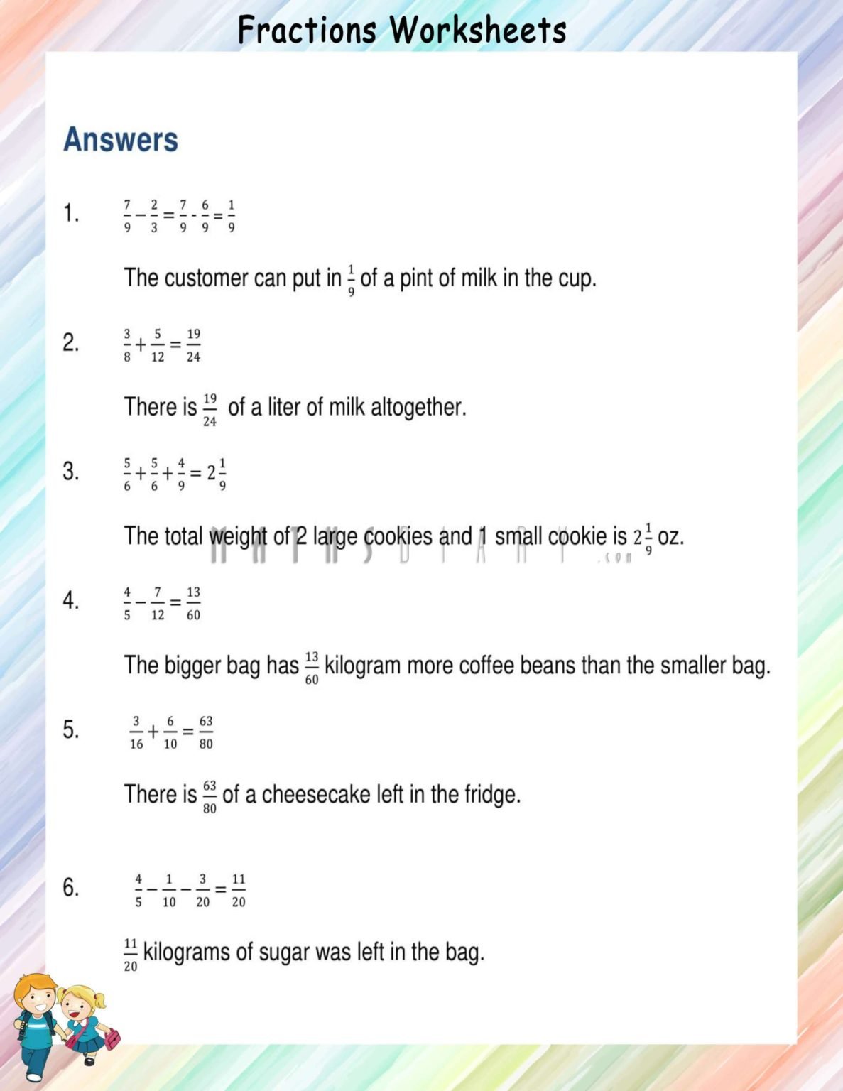 Word Problems of fractions worksheets - Math Worksheets - MathsDiary.com