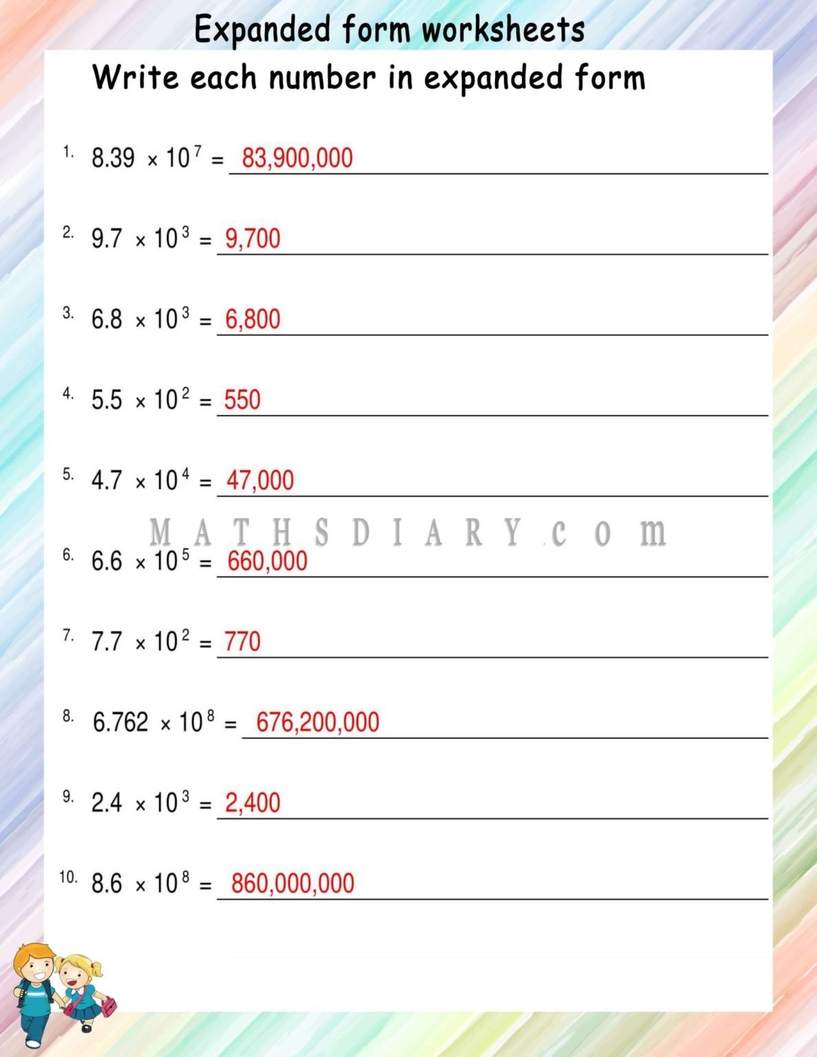 Scientific numbers in expanded form - Math Worksheets - MathsDiary.com