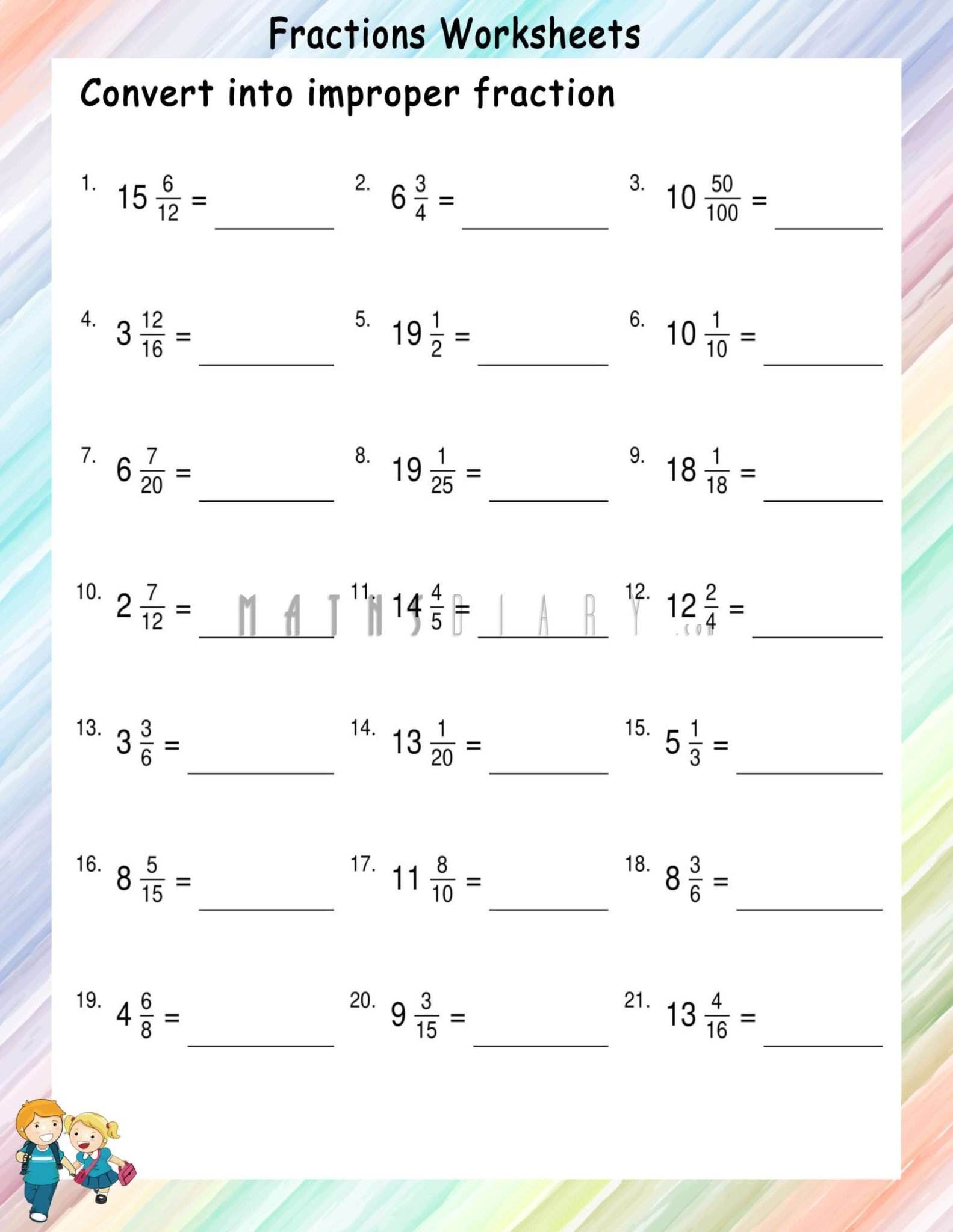 Conversion of mixed numbers to improper fractions worksheets - Math ...