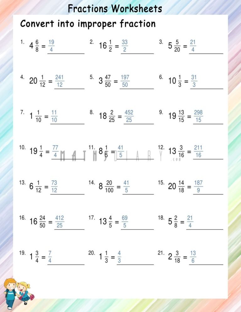 Conversion of mixed numbers to improper fractions worksheets - Math ...