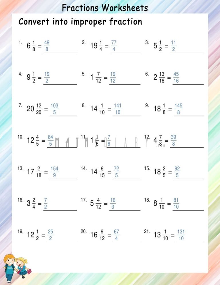 Conversion of mixed numbers to improper fractions worksheets - Math ...