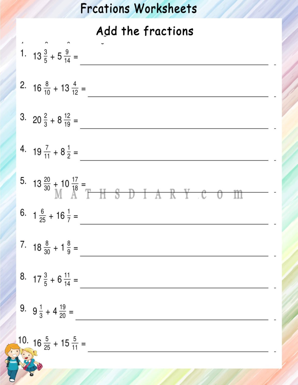 Addition of mixed fractions worksheets - Math Worksheets - MathsDiary.com