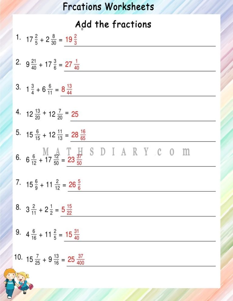 Addition of mixed fractions worksheets - Math Worksheets - MathsDiary.com