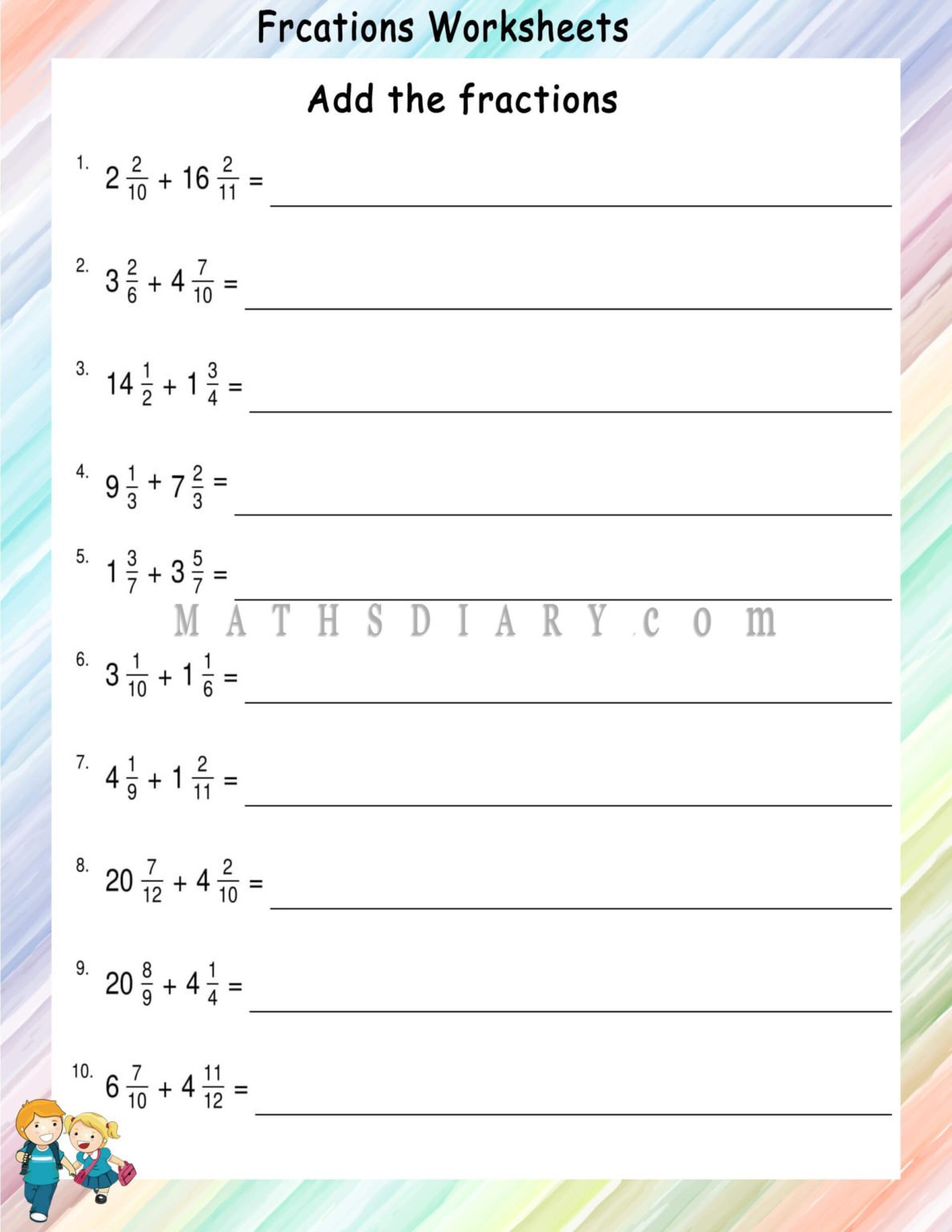 Addition of mixed fractions worksheets - Math Worksheets - MathsDiary.com