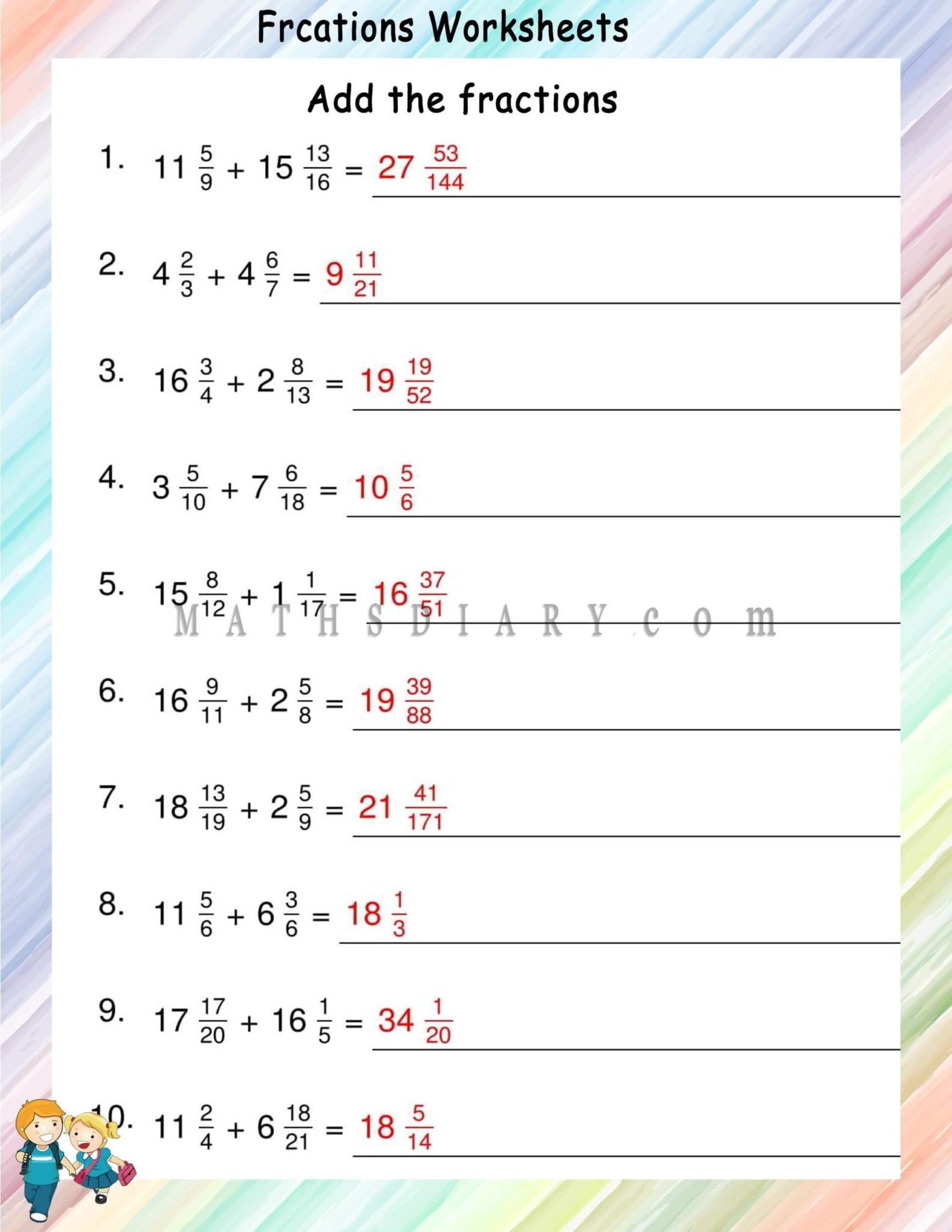 Add Mixed fractions hard worksheets - Math Worksheets - MathsDiary.com