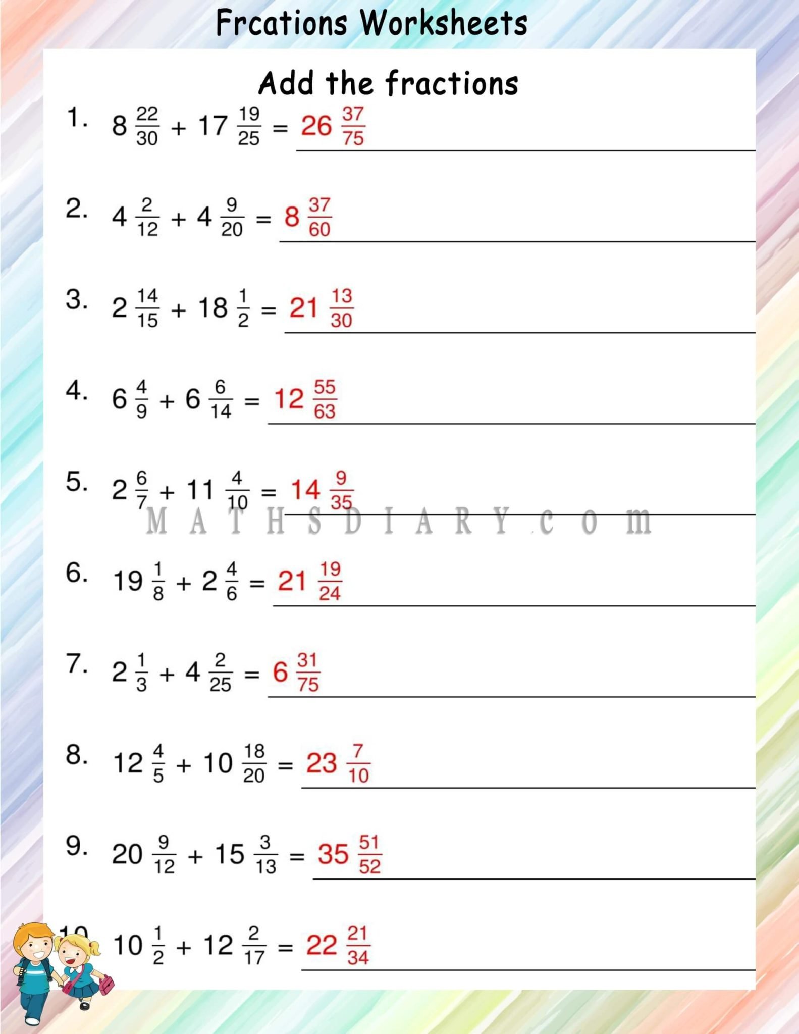 Add Mixed fractions hard worksheets - Math Worksheets - MathsDiary.com