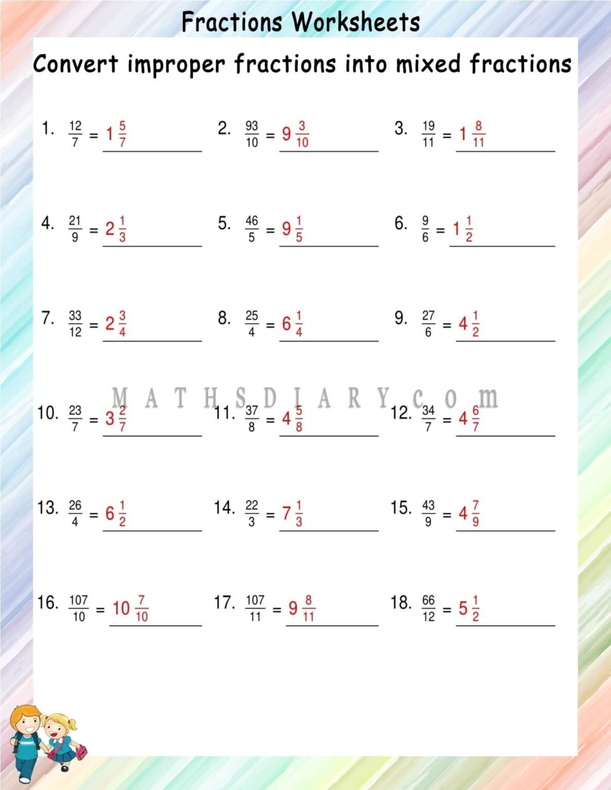 Convert Improper fractions to mixed fractions worksheets - Math ...