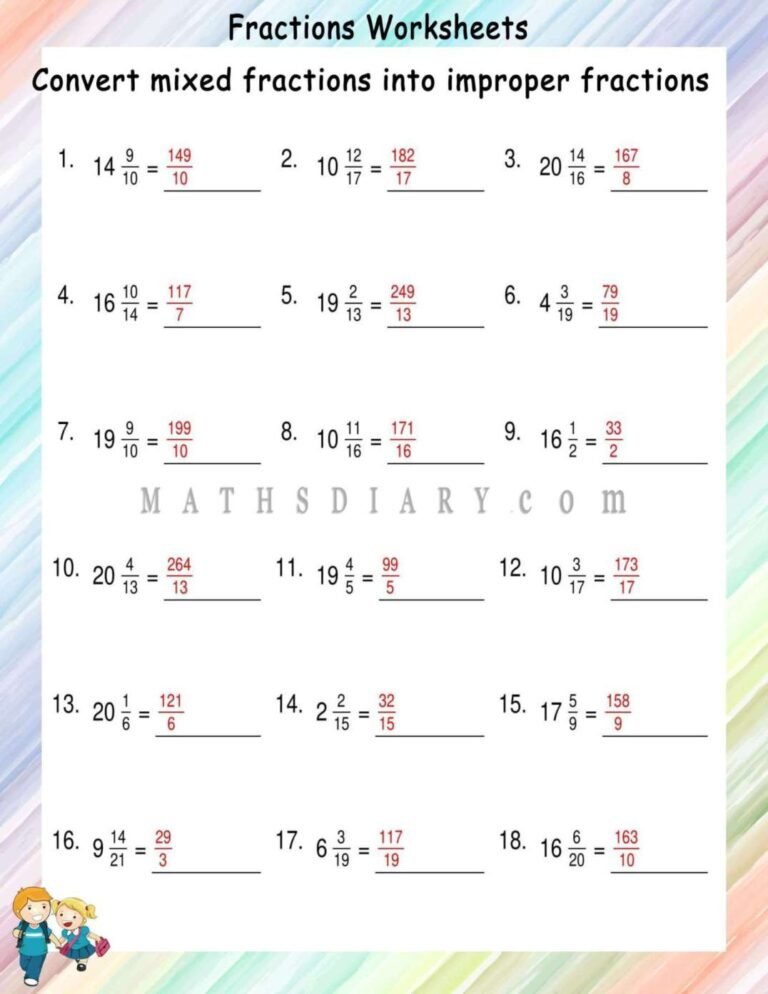 Convert mixed fractions to Improper fractions worksheets - Math ...