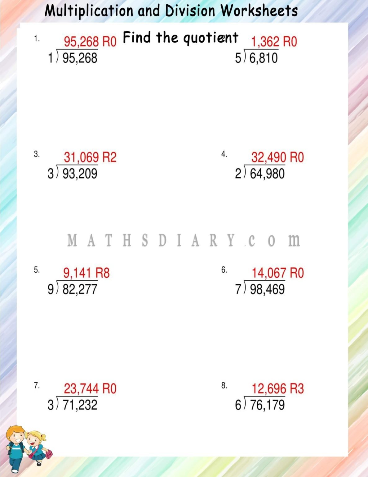 Division by 1-digit number with remainder worksheets - Math Worksheets ...