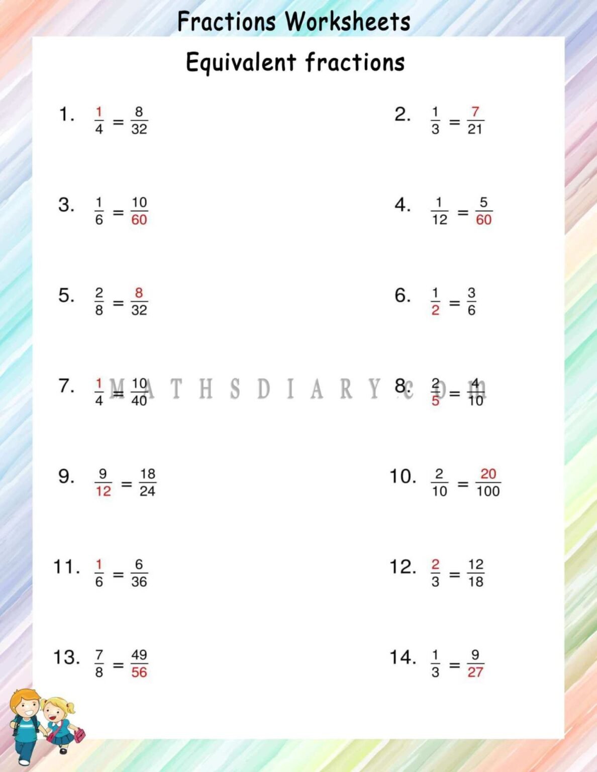 Find the equivalent fractions worksheets - Math Worksheets - MathsDiary.com