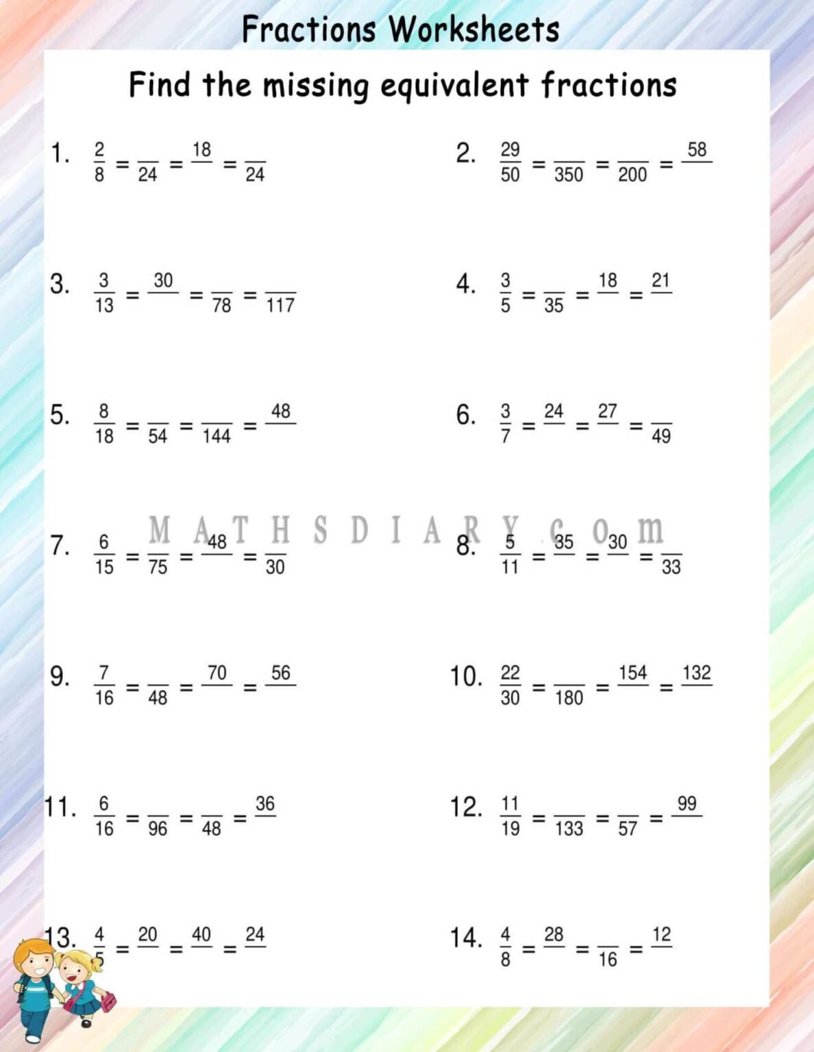 Find missing equivalent fractions in 3 fractions - Math Worksheets ...