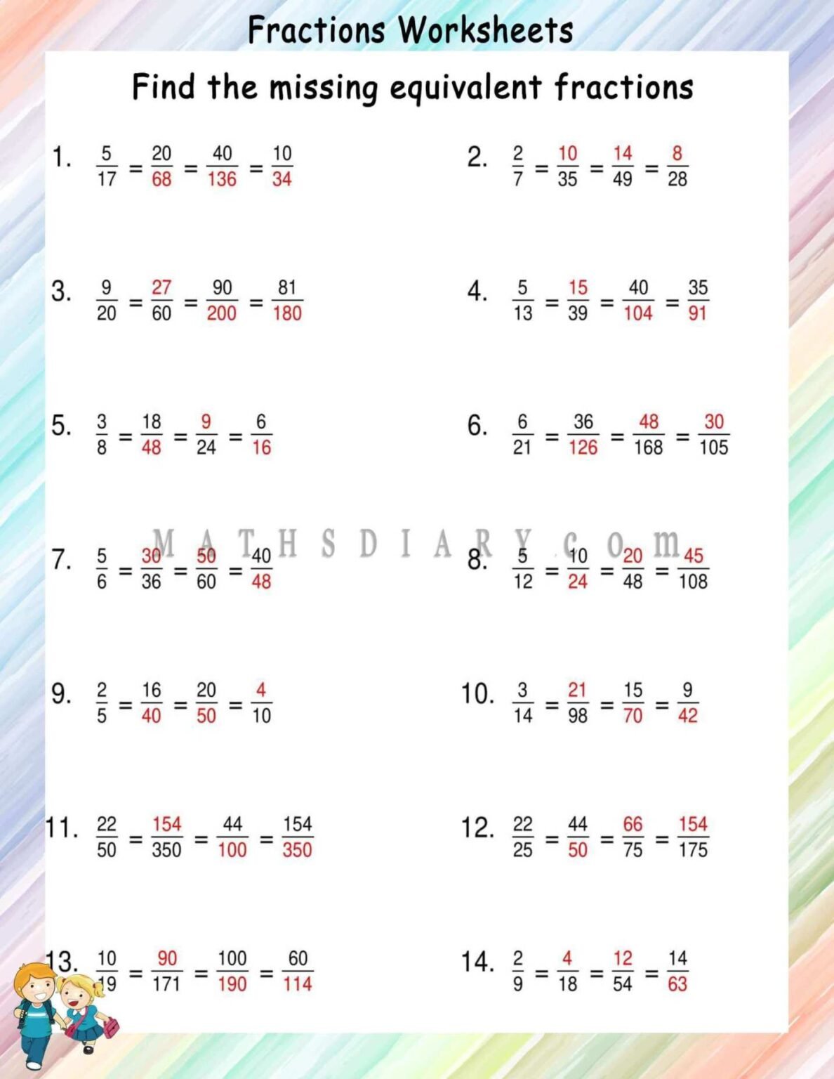 Find missing equivalent fractions in 3 fractions - Math Worksheets ...