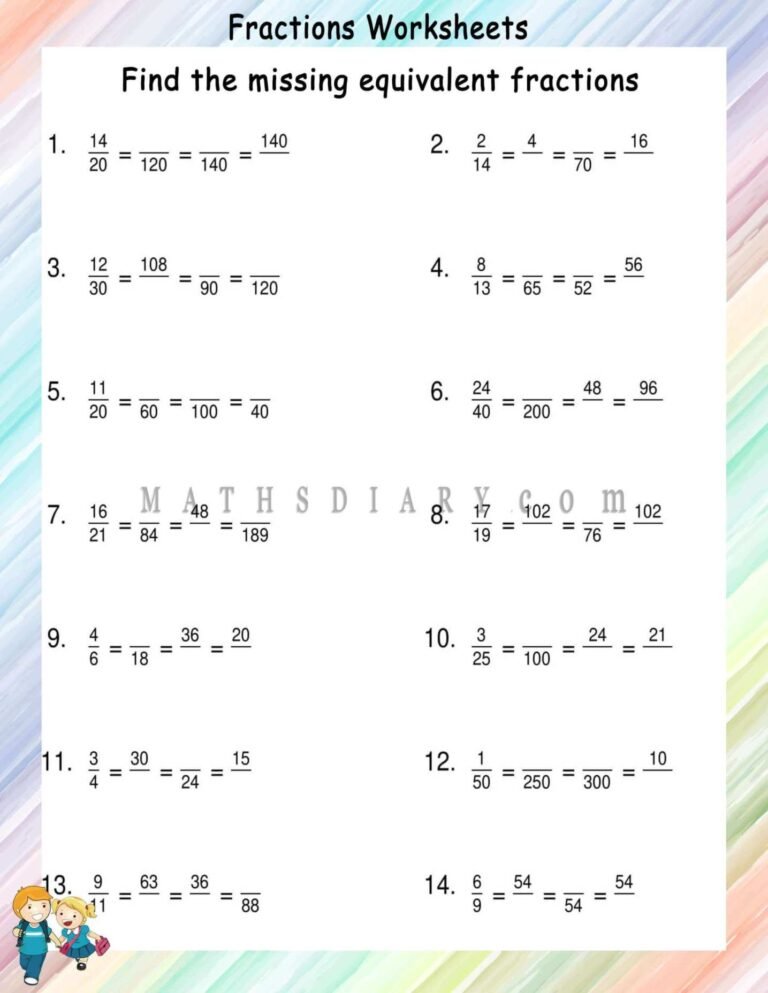Find missing equivalent fractions in 3 fractions - Math Worksheets ...