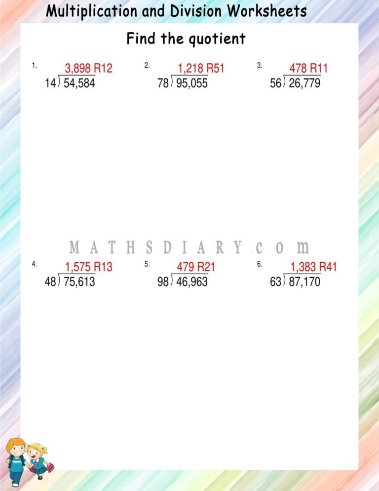 Long Division with 2-digit divisor - Math Worksheets - MathsDiary.com