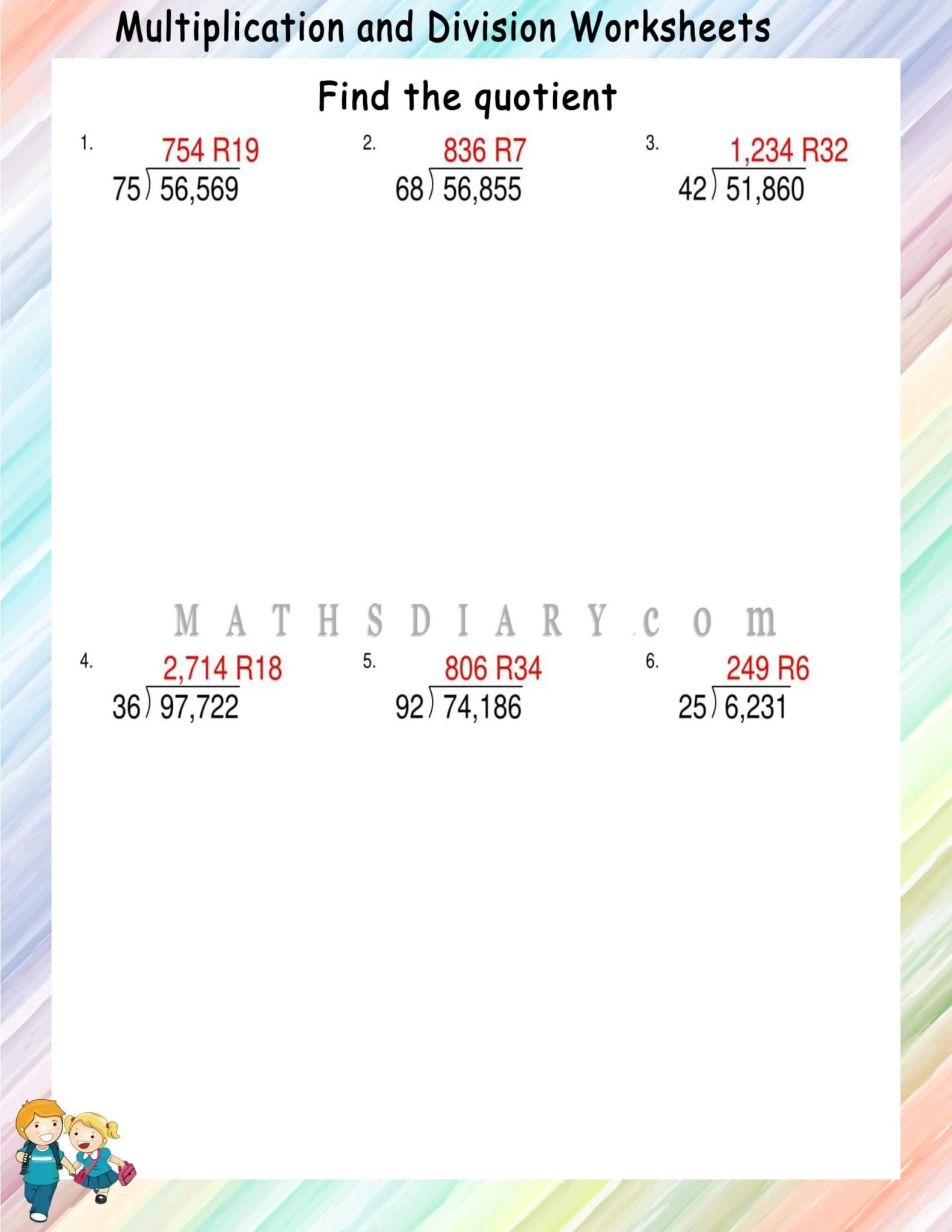 Long Division with 2-digit divisor - Math Worksheets - MathsDiary.com