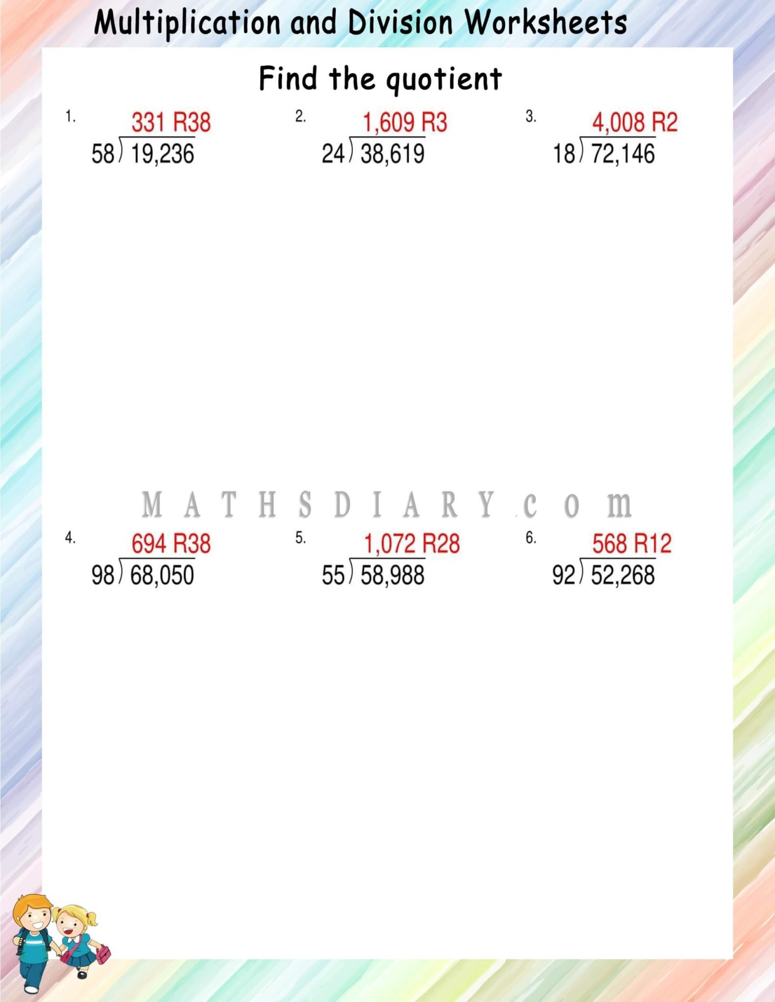 Long Division with 2-digit divisor - Math Worksheets - MathsDiary.com