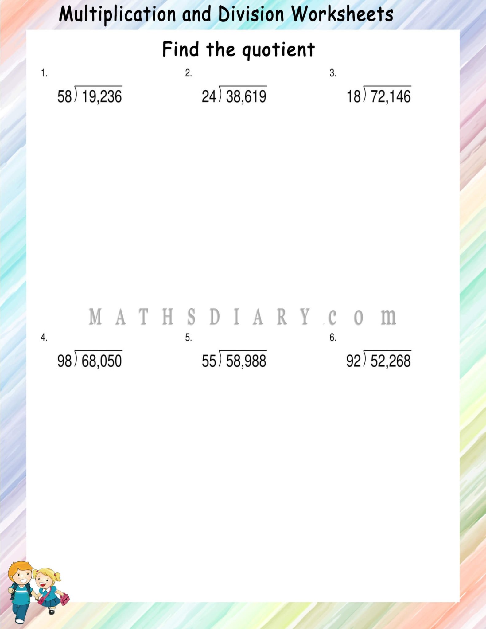 Long Division with 2-digit divisor - Math Worksheets - MathsDiary.com