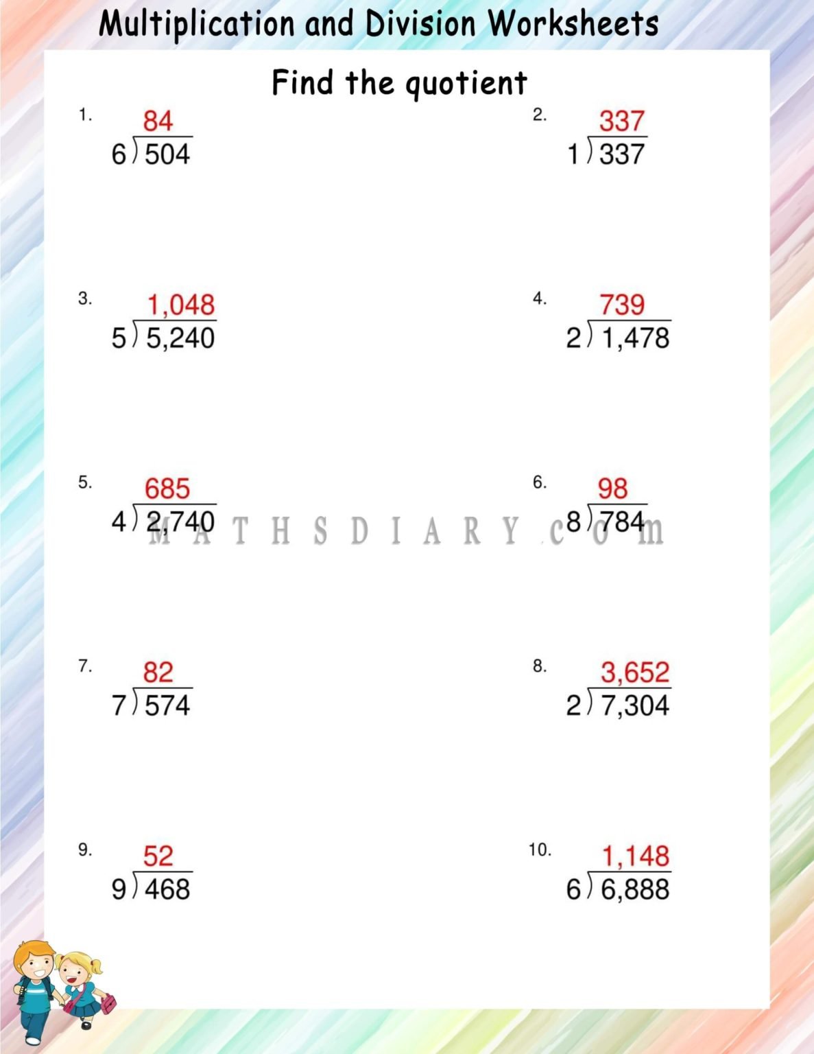 Long Division with no remainder - Math Worksheets - MathsDiary.com