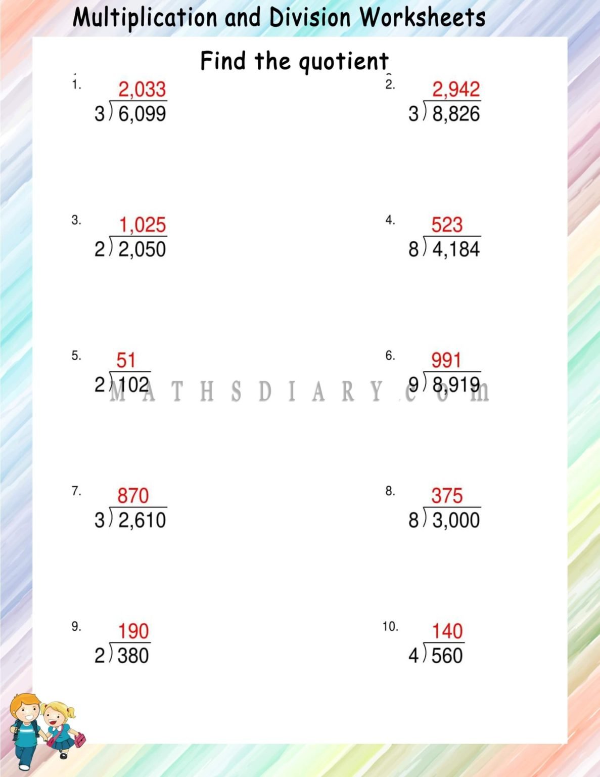 Long Division with no remainder - Math Worksheets - MathsDiary.com