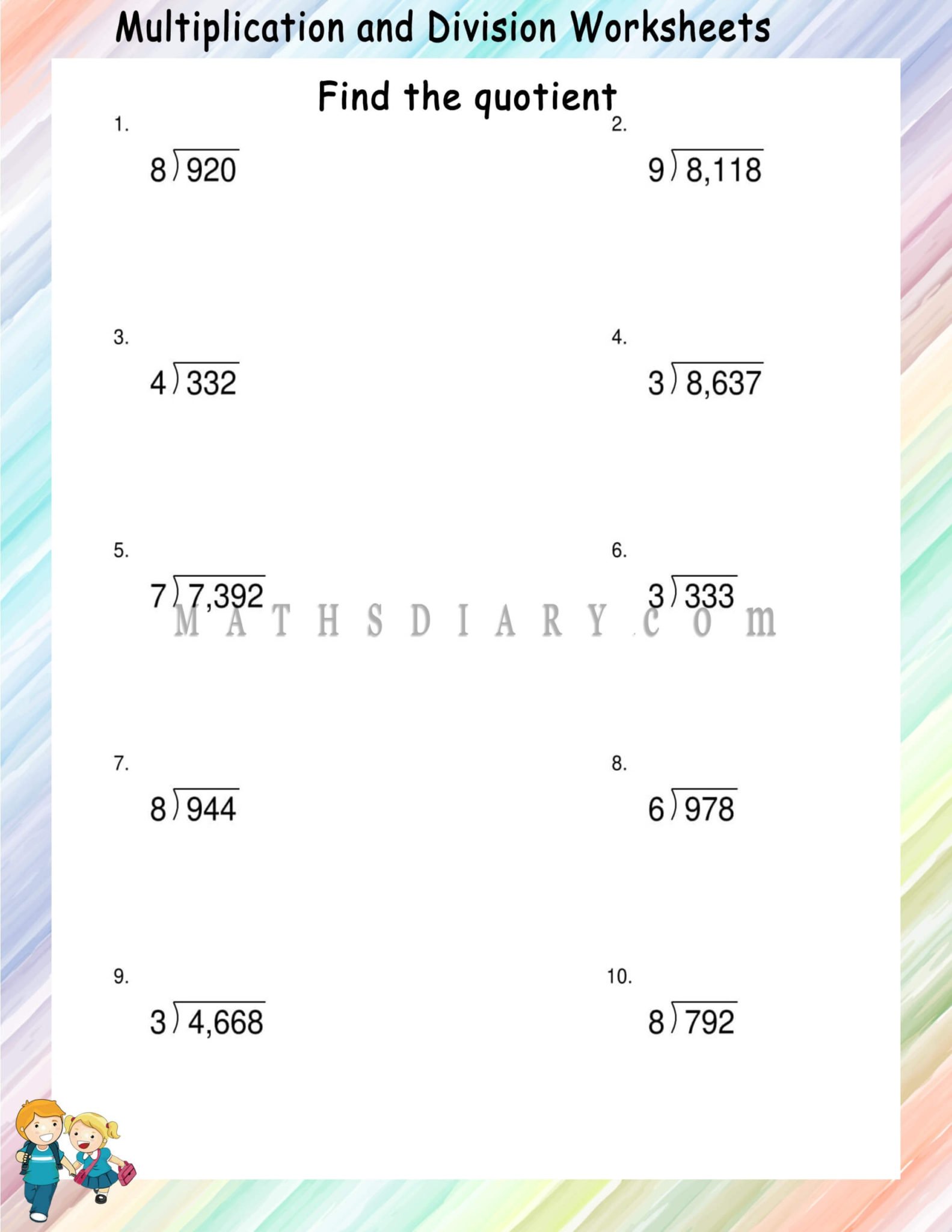 Long Division with no remainder - Math Worksheets - MathsDiary.com