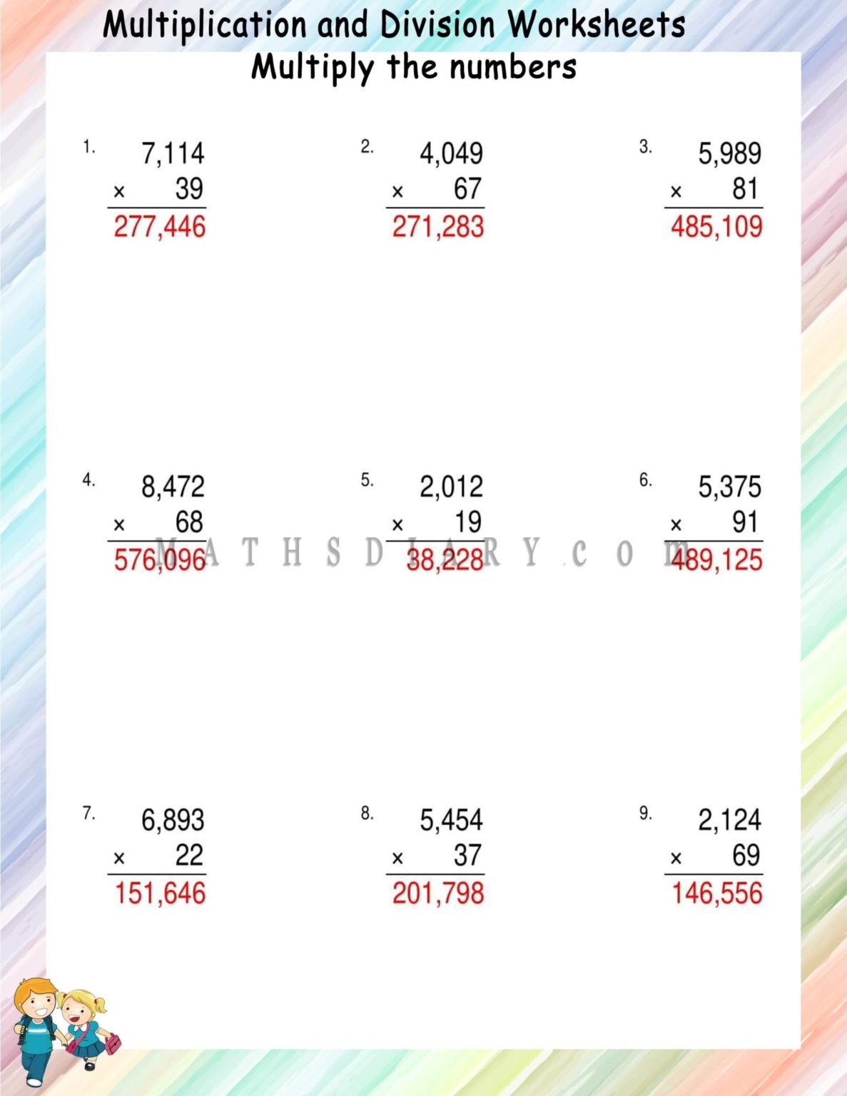 Multiplying 4-digit by 2-digit number - Math Worksheets - MathsDiary.com