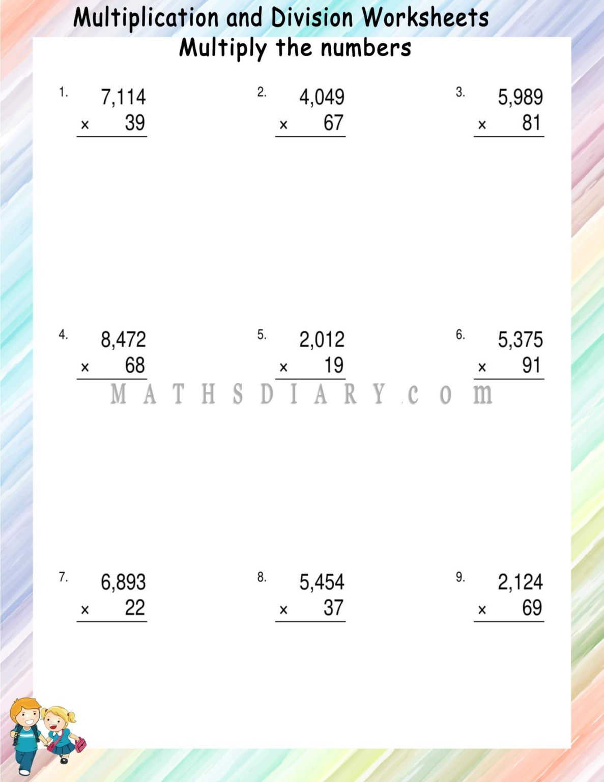 Multiplying 4-digit by 2-digit number - Math Worksheets - MathsDiary.com