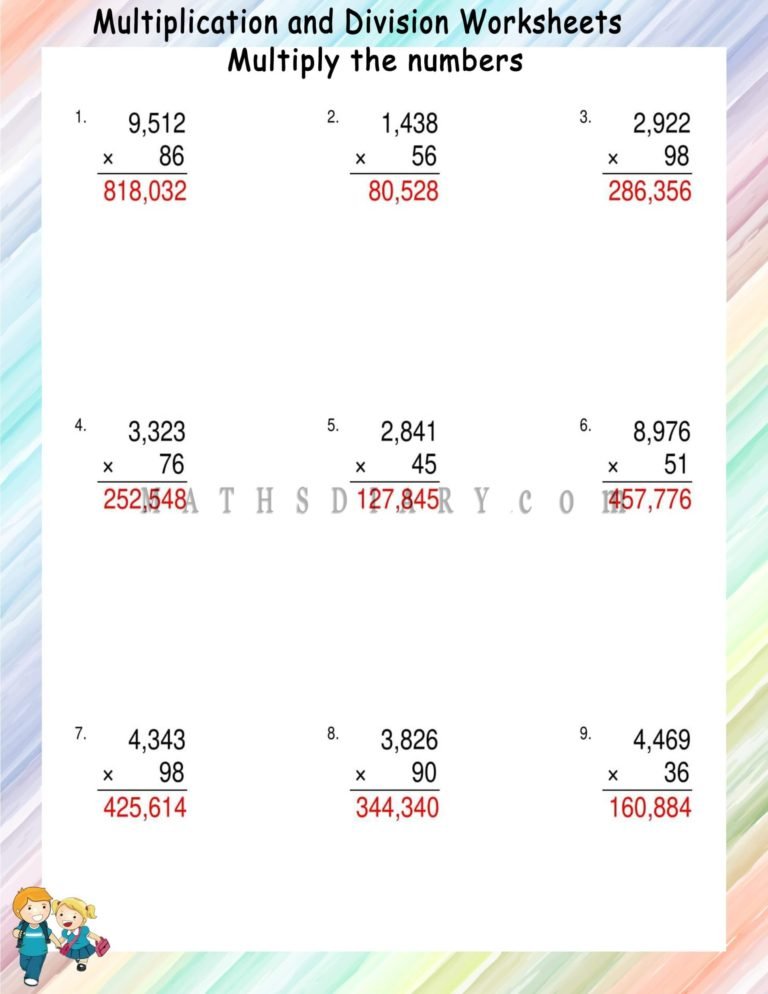 Multiplying 4-digit by 2-digit number - Math Worksheets - MathsDiary.com