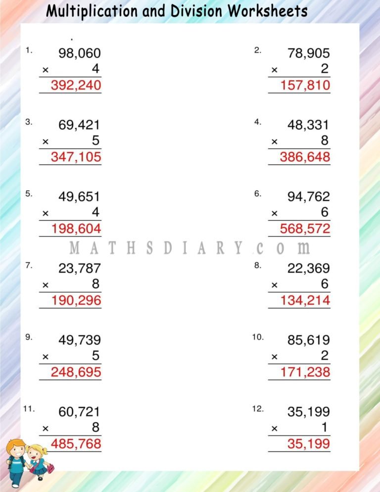 Multiplying 5-digit number by 1-digit number worksheets - Math ...