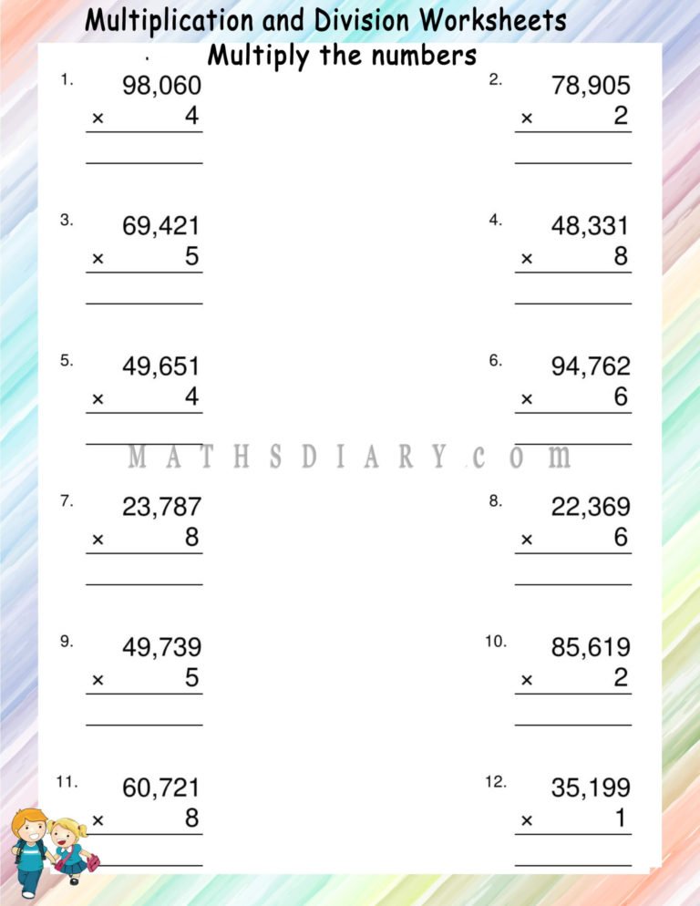 Multiplying 5-digit number by 1-digit number worksheets - Math ...